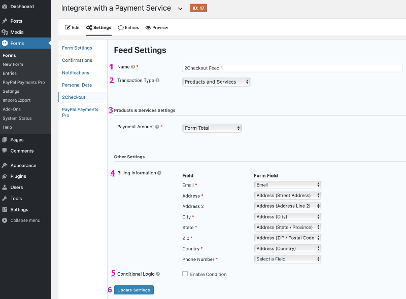Creating a Feed for the 2Checkout Add-On - Gravity Forms