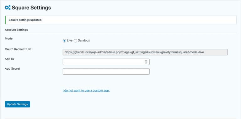 gform_square_show_custom_app_settings - Gravity Forms Documentation