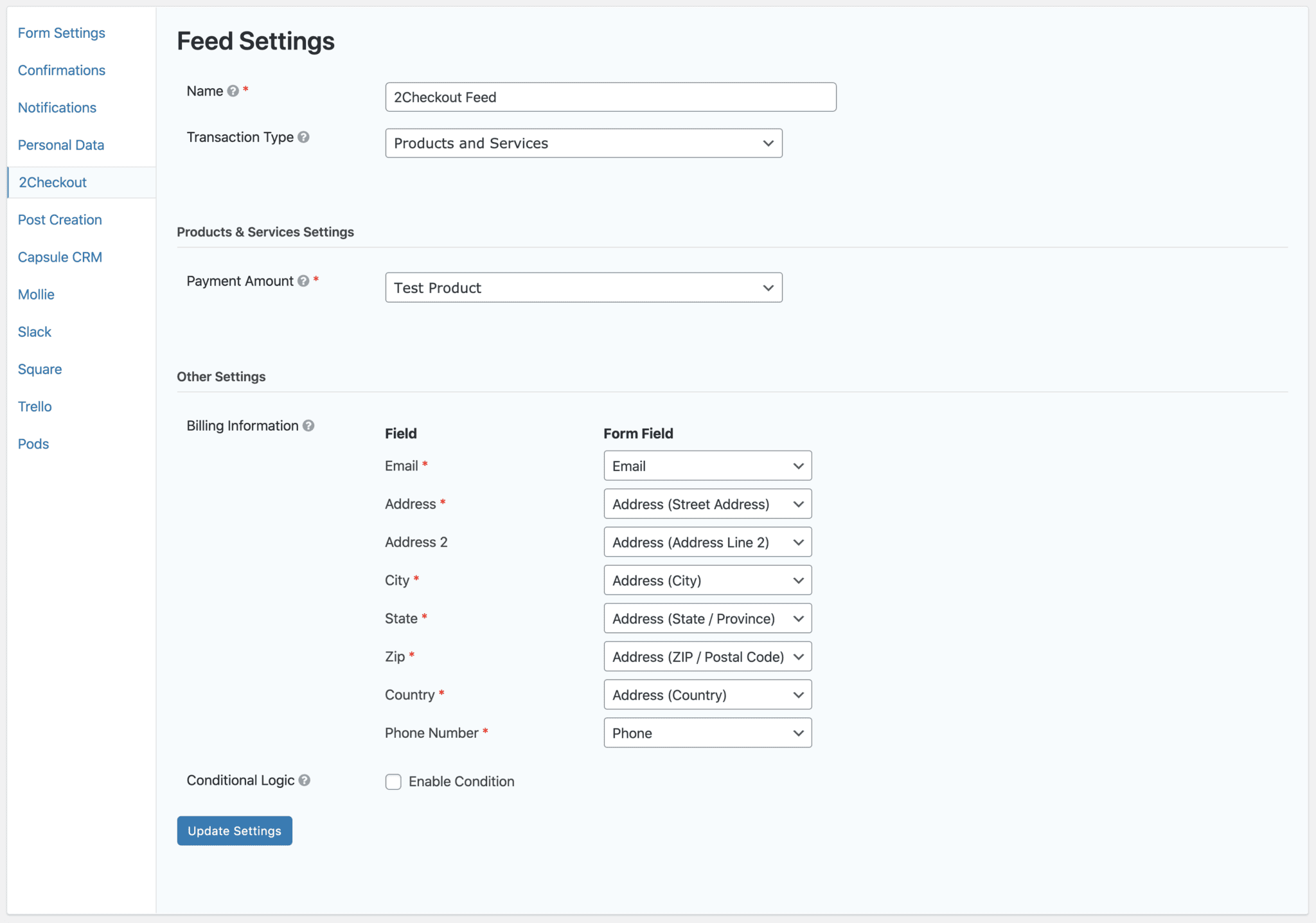 Creating a Feed for the 2Checkout Add-On - Gravity Forms