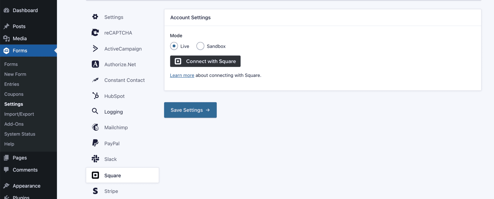 Setting Up the Square Add-On - Gravity Forms Documentation