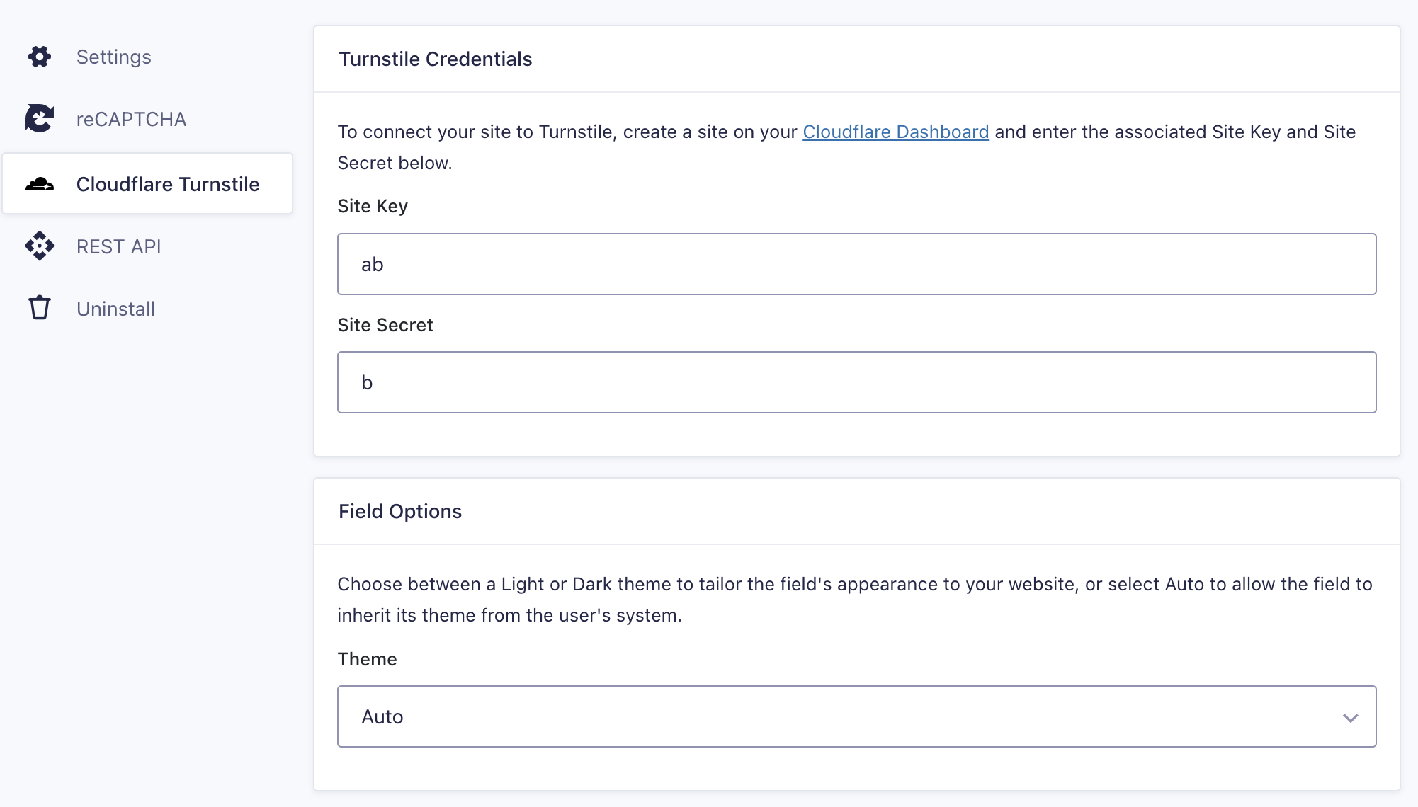 Cloudflare Turnstile Add-On Settings Reference