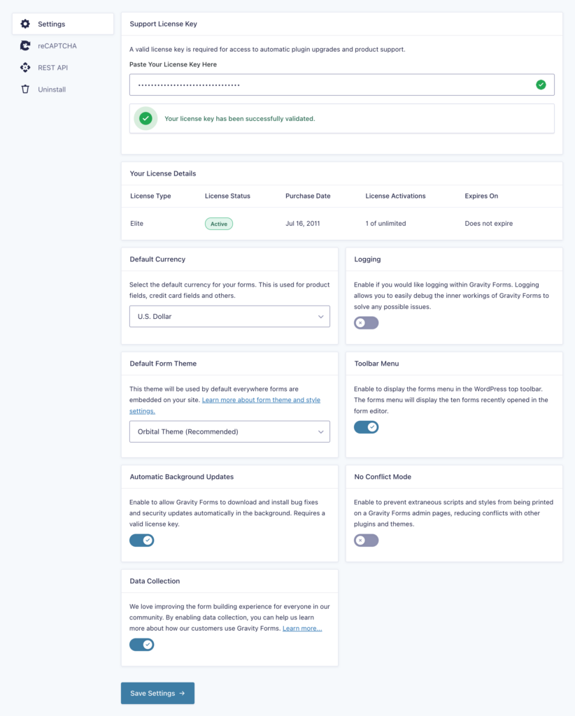 Gravity Forms Settings Page Gravity Forms Documentation