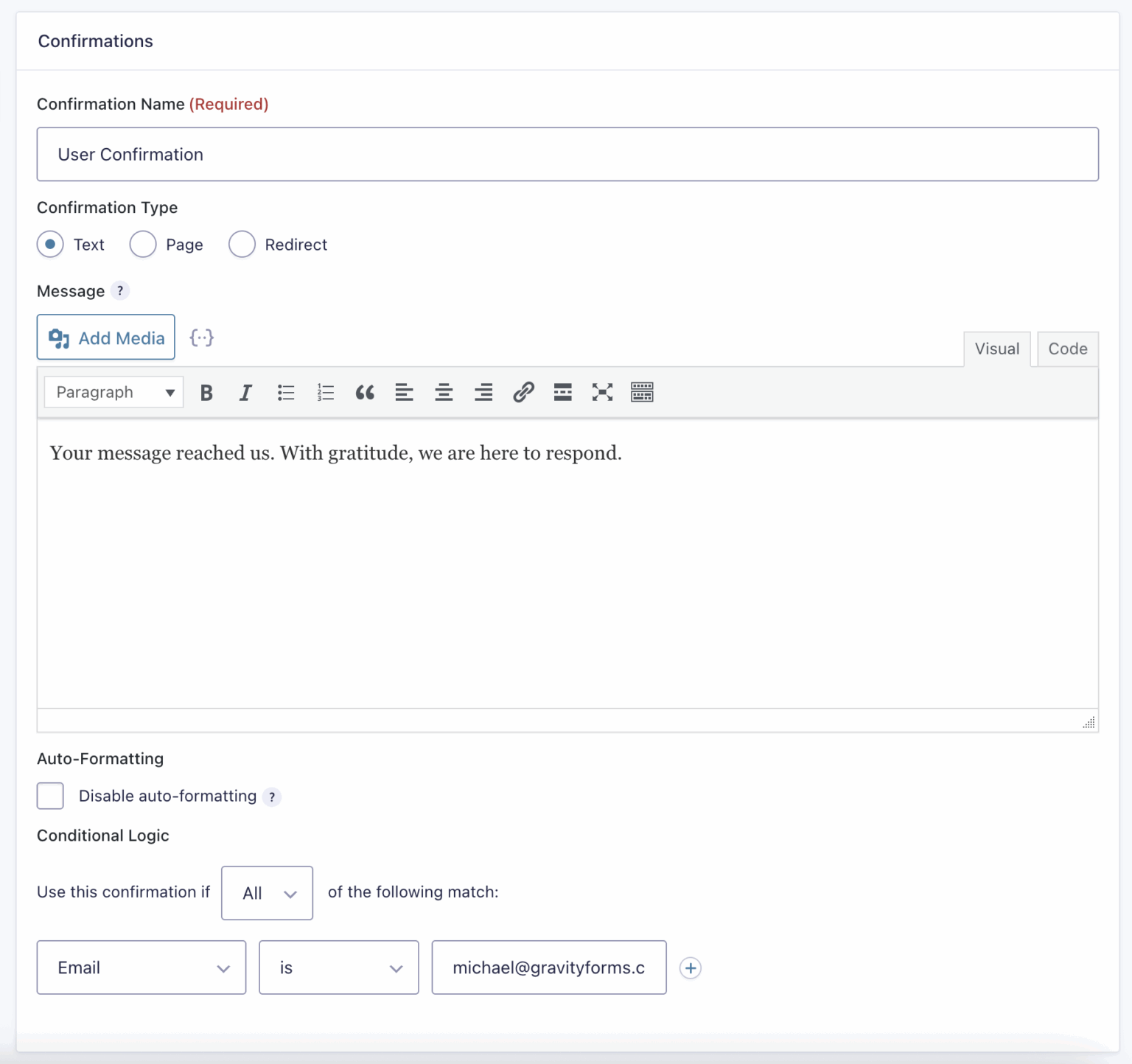 Configuring Confirmations in Gravity Forms - Gravity Forms Documentation